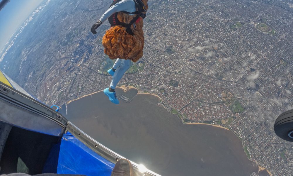 Human sized KFC drumstick jumps from 4,500 metres in the sky