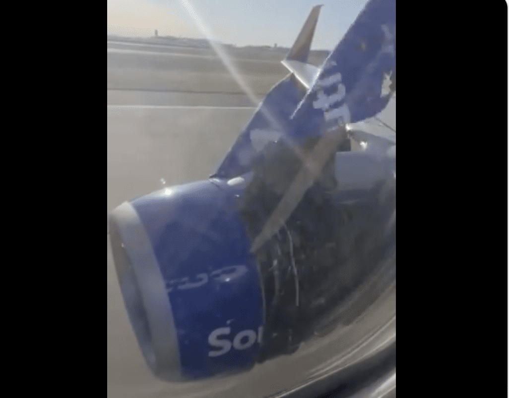 Terrifying moment Southwest engine cover rips off